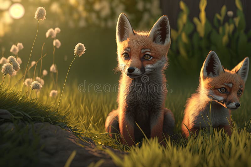 Two Baby Foxes Sitting in Grass. Generative AI Stock Illustration ...