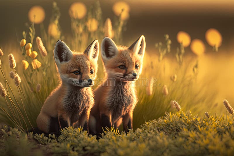 Two Baby Foxes Sitting in Grass. Generative AI Stock Illustration ...