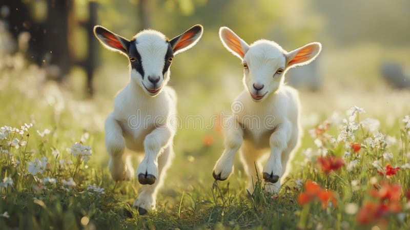 Two Baby Goats Running in a Spring Meadow Stock Illustration ...