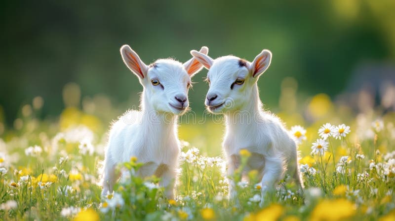 Two Baby Goats are Standing in a Field of Flowers, AI Stock Image ...