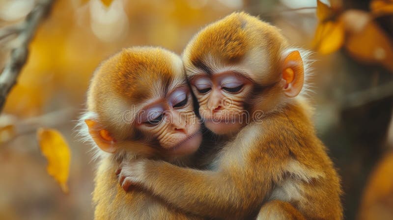 Two Baby Monkeys Hugging in Autumn Foliage Stock Photo - Image of ...