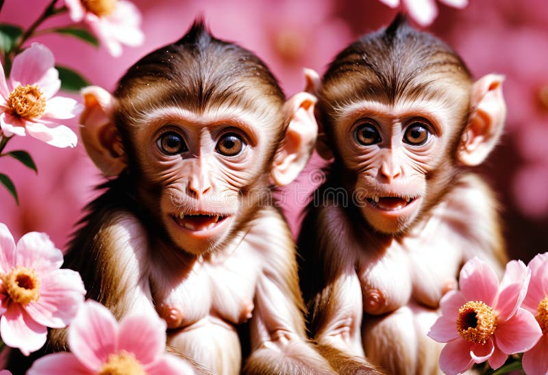Two Baby Monkeys with Large Eyes Stock Illustration - Illustration of ...