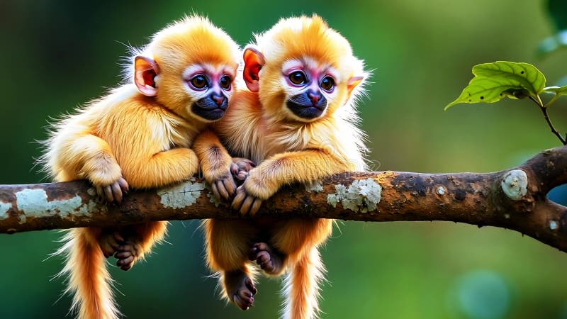 Two Baby Monkeys Sitting on a Branch Stock Footage - Video of facing ...