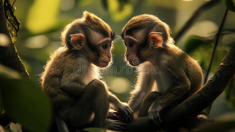 Two Baby Monkeys Sitting Close Together and Staring at Each Other Stock ...