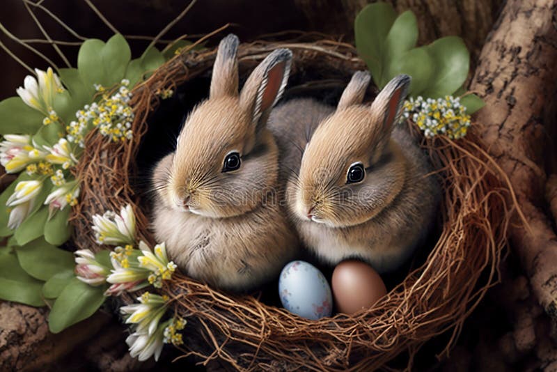 Two Baby Rabbits with Easter Eggs in a Nest Stock Illustration ...
