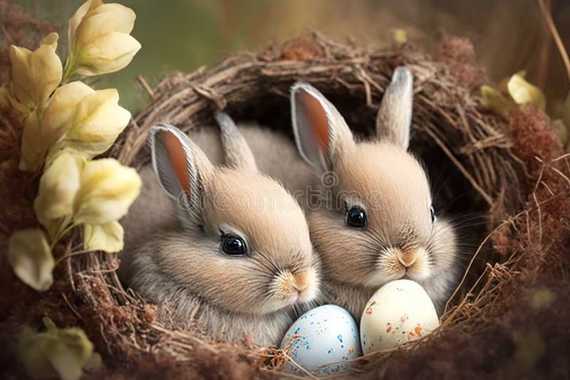 Two Baby Rabbits with Easter Eggs in a Nest Stock Illustration ...
