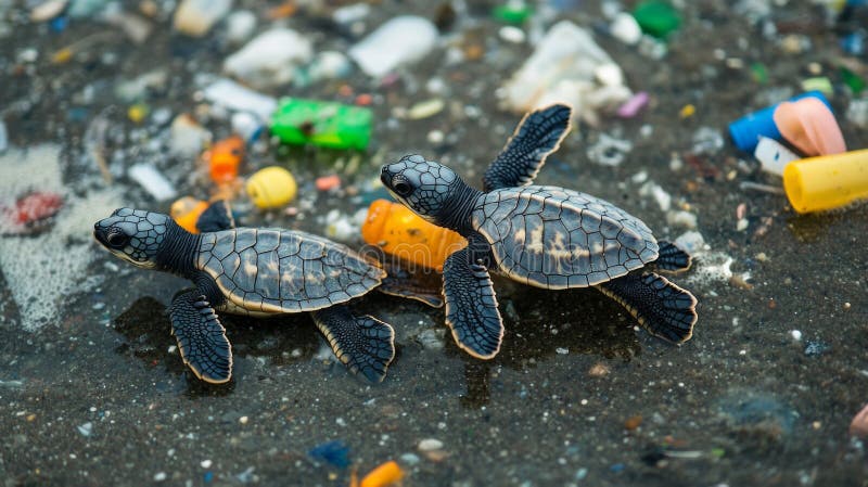 Two Baby Sea Turtles Navigating Plastic Waste on a Beach Stock Image ...