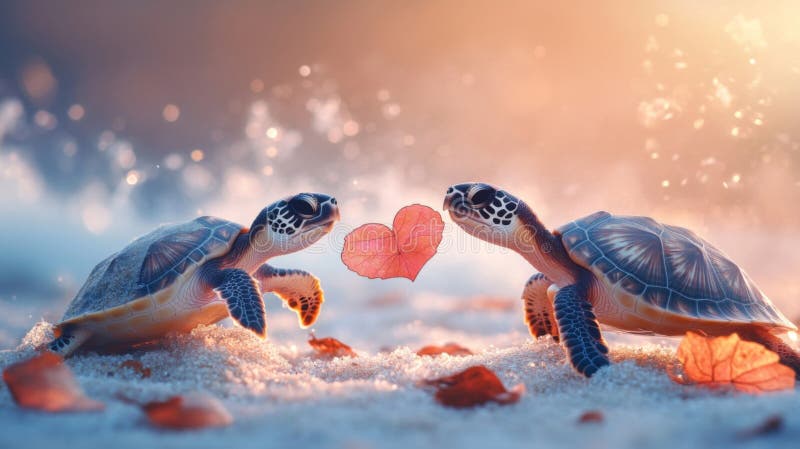 Two Baby Sea Turtles Sharing a Heart Shaped Leaf Stock Illustration ...