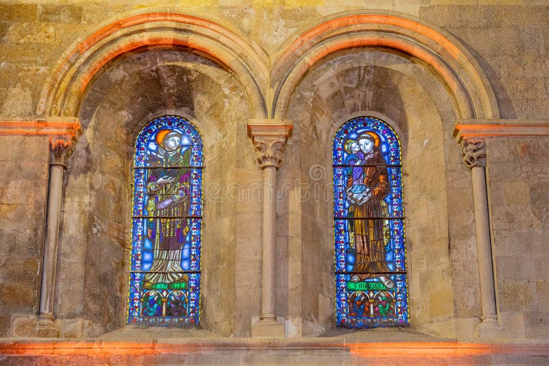 Two Backlit Stained Glass Windows Inside the Lisbon Cathedral Editorial ...