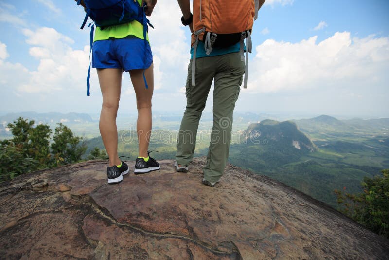 Two Backpacker Friends Hiking at Mountain Top Stock Photo - Image of ...