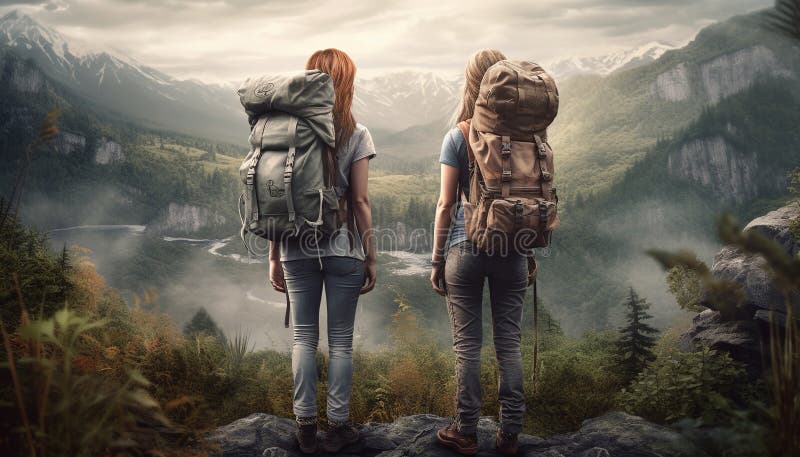 Two Backpackers Hike Mountain Peak, Enjoying Nature Beauty Together ...