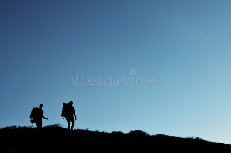 Two Backpackers Hiking in Mountains Stock Photo - Image of adventure ...