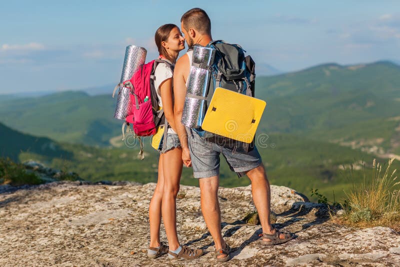 Two Backpackers in Mountains. Stock Photo - Image of hill, adventure ...