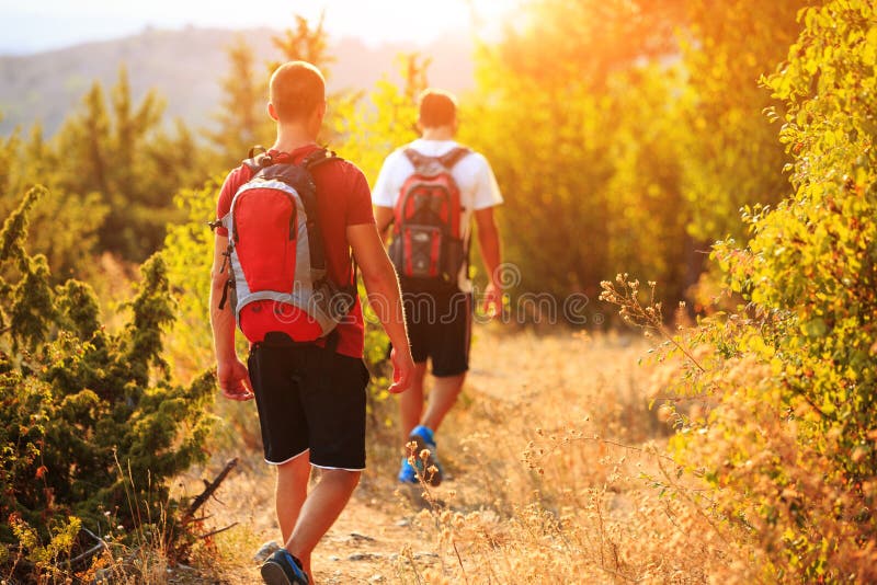 Two Backpackers in the Summer Mountain Stock Image - Image of ...