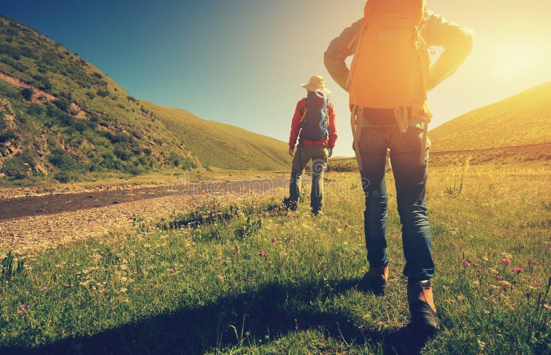 Backpacking Women Hiking in Riverside Mountains Stock Photo - Image of ...