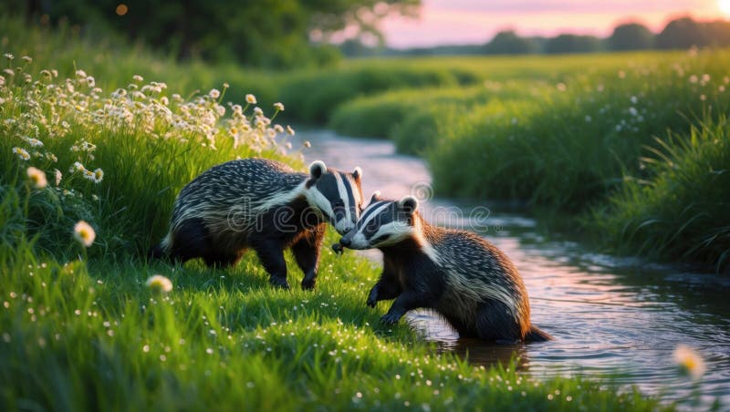 Two European Badgers Playing by a Stream at Sunset Stock Illustration ...