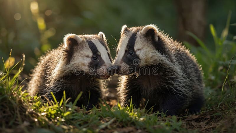 Two Badgers Playfully Interacting in a Sunlit Forest Setting Stock ...