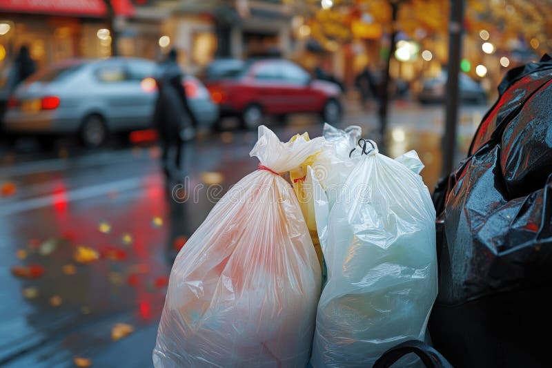 Two Bags of Garbage Sit on the Side of a Street, Awaiting Pickup Stock ...