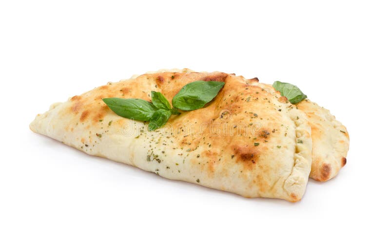 Two Cooked Calzone with Basil Twigs on a White Background Stock Image ...