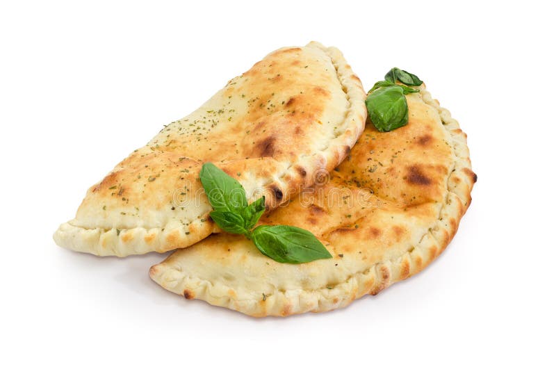Two Cooked Calzone with Basil Twigs on a White Background Stock Image ...