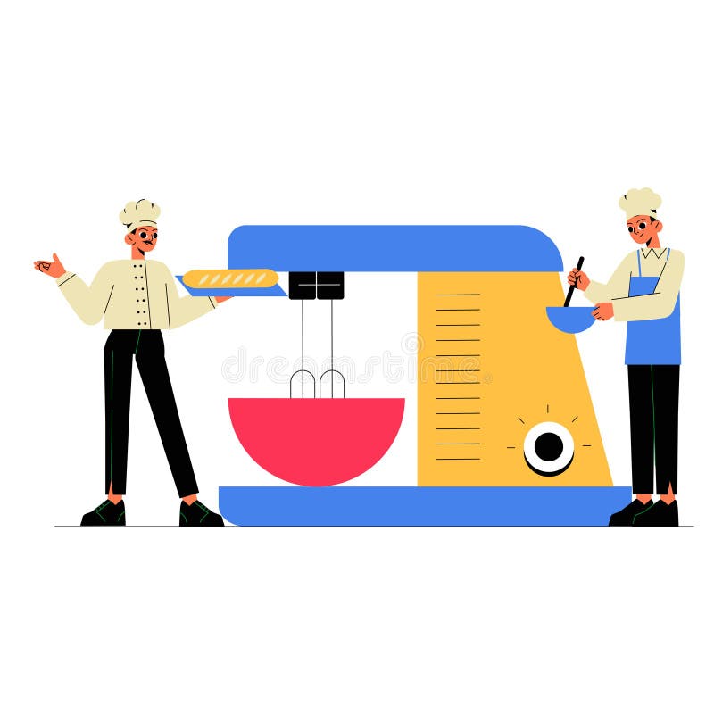 Two Bakers Working with a Stand Mixer in Flat Vector Illustration ...