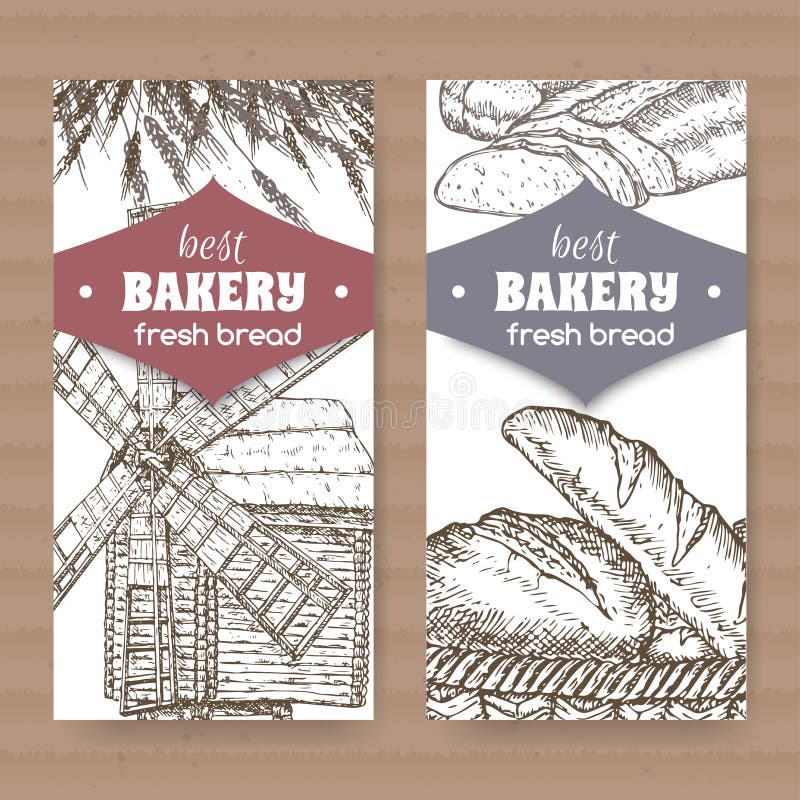 Two Bakery Label Templates with Wooden Windmill, Wheat and Bread on ...