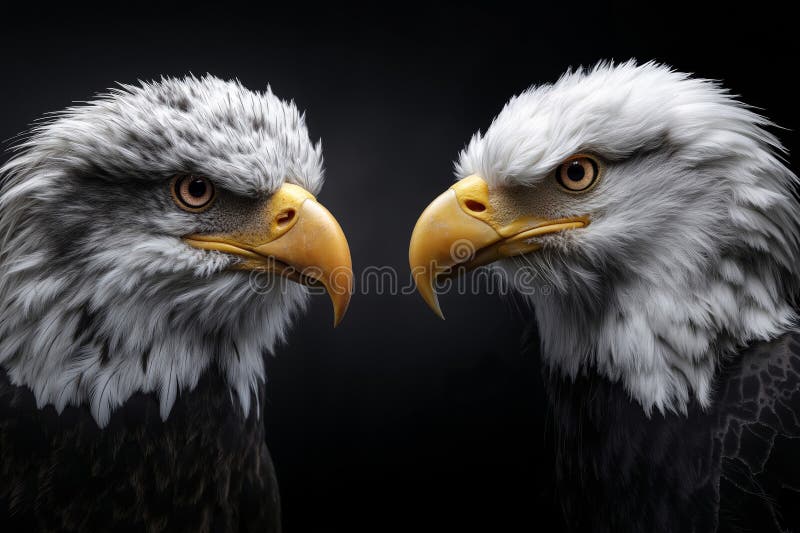 Two Bald Eagles Facing Each Other on a Black Background Stock Photo ...