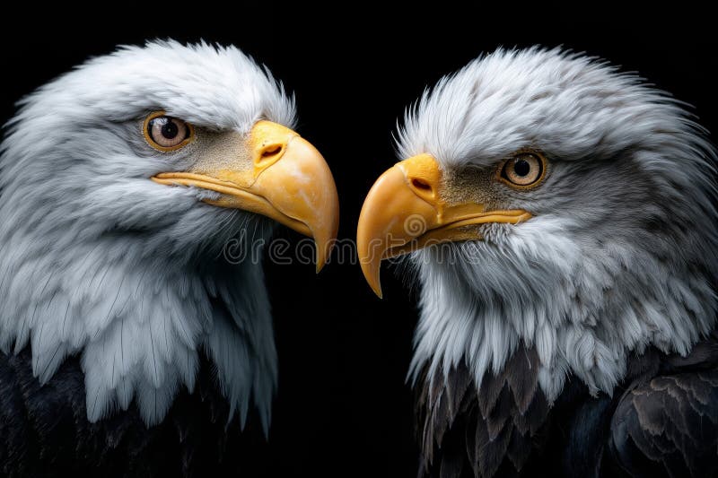 Two Bald Eagles Facing Each Other with a Black Background Stock Photo ...