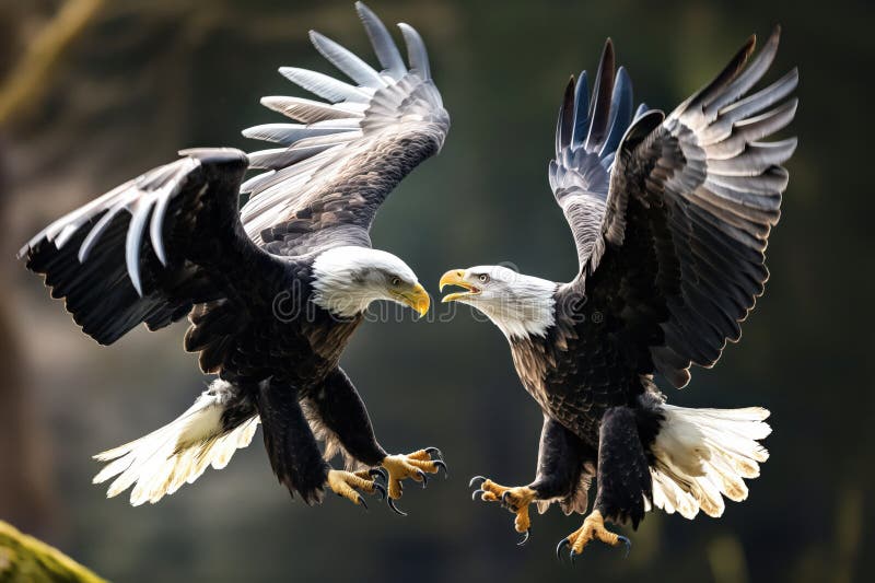 Two Bald Eagles Fighting in Flight Over Blurred Background Stock Image ...