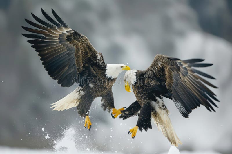 Two Bald Eagles Fighting in Snow Covered Mountain Landscape Stock Photo - Image of bird, freedom ...