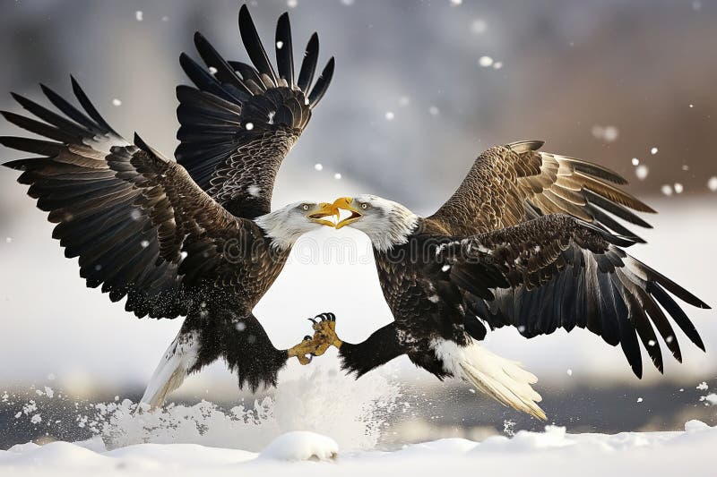 Two Bald Eagles Fighting in Snow while Flying Stock Photo - Image of ...