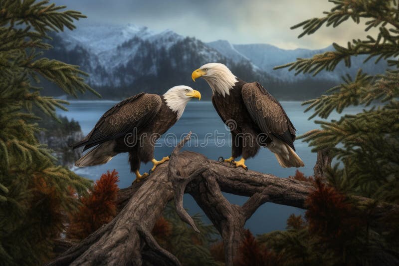 Two Bald Eagles Interacting in Their Natural Habitat Stock Illustration - Illustration of flight ...
