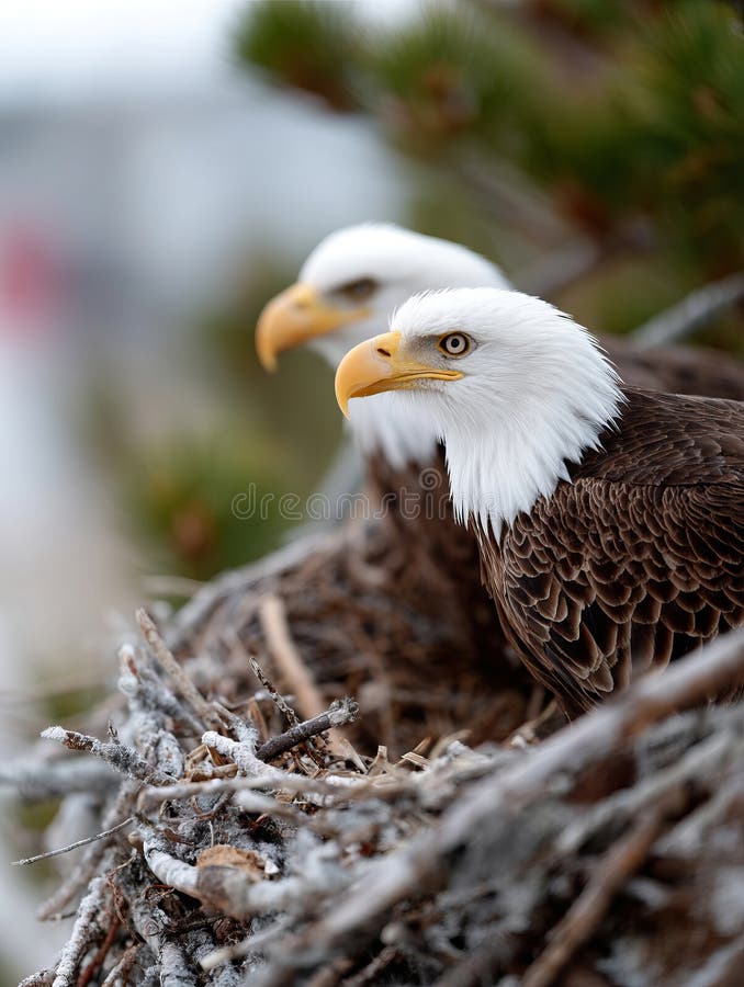 Two Bald Eagles Sitting on Top of a Nest in a Pine Tree Stock Image ...