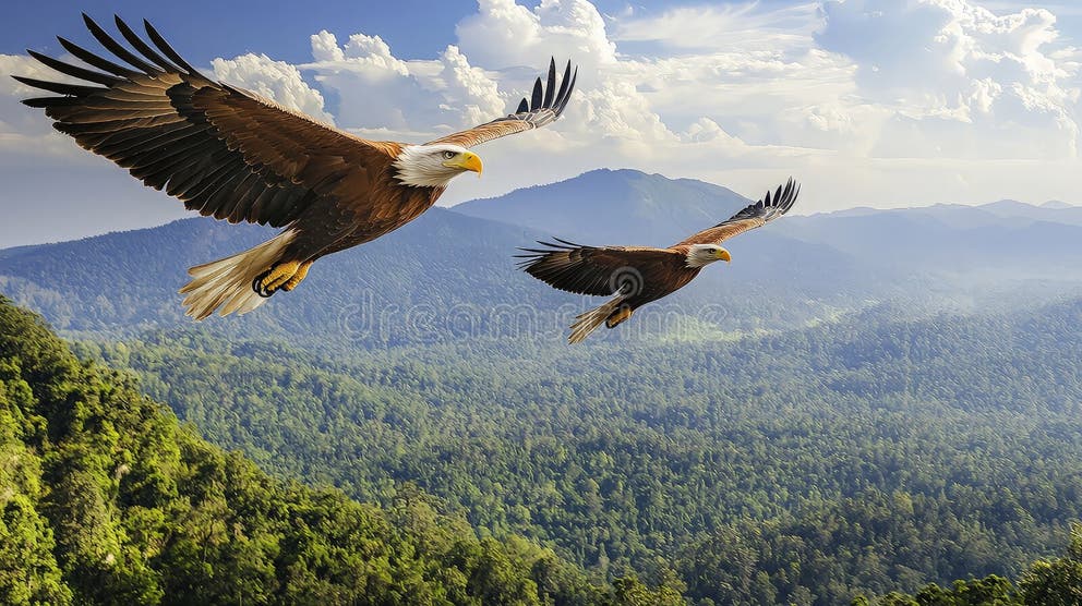 Two Bald Eagles Soar through a Blue Sky Above a Lush Green Forest Stock Image - Image of forest ...