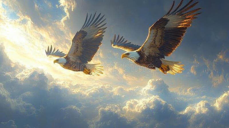 Two Bald Eagles Soaring through Cloudy Skies Stock Illustration ...