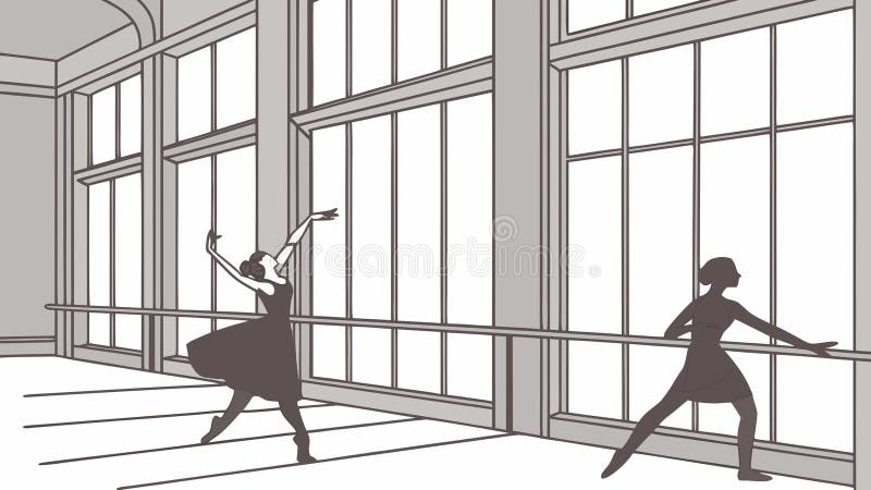 Two Ballet Dancers Practicing at the Barre in a Dance Studio. Vector ...