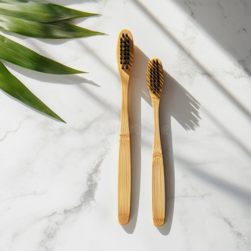 Two Bamboo Toothbrushes with Black Bristles on Marble Surface Stock ...