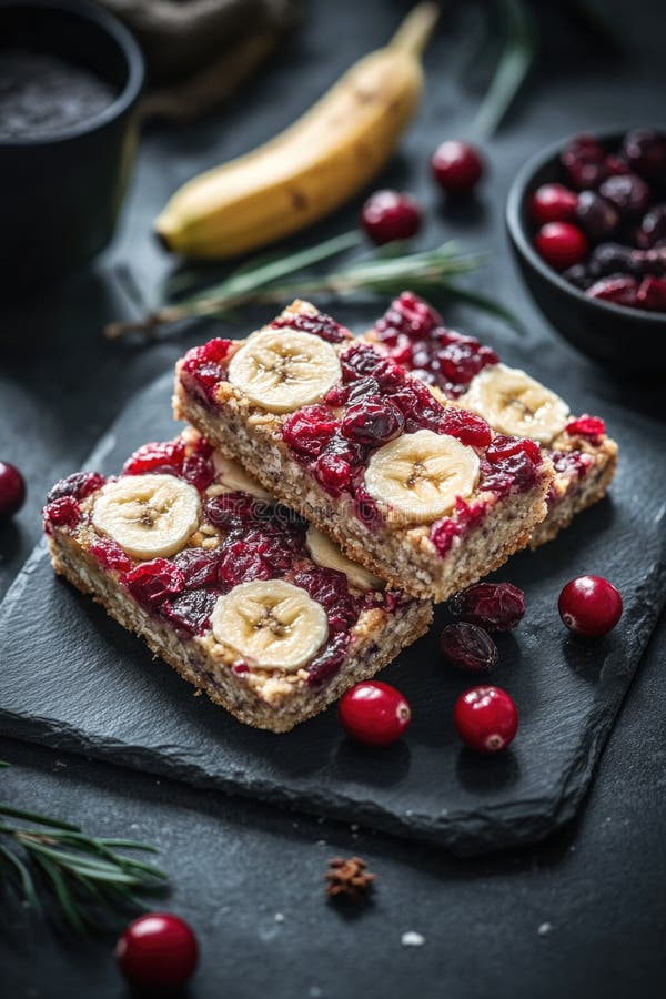 Two Banana and Raspberry Bars are on a Black Table Stock Image - Image ...