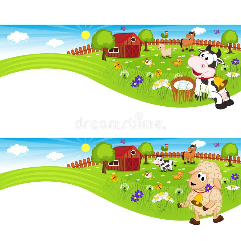 Two Banners with Farm Animals in Barnyard Stock Vector - Illustration ...