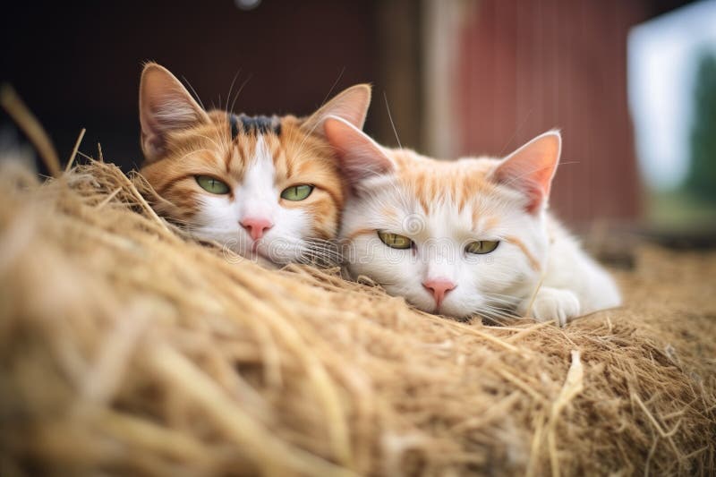 Two Barn Cats Nestled Together in a Pile of Straw Stock Illustration ...
