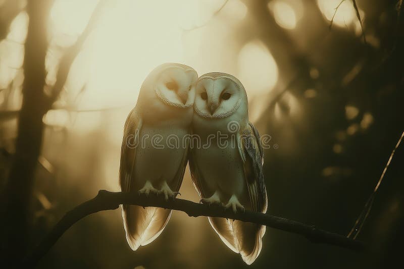 Two Barn Owls are Perching Together on a Branch in a Forest, Showing ...