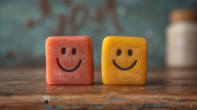 Two Bars of Soap in the Shape of Cubes with Smiley Faces on Them Stock ...