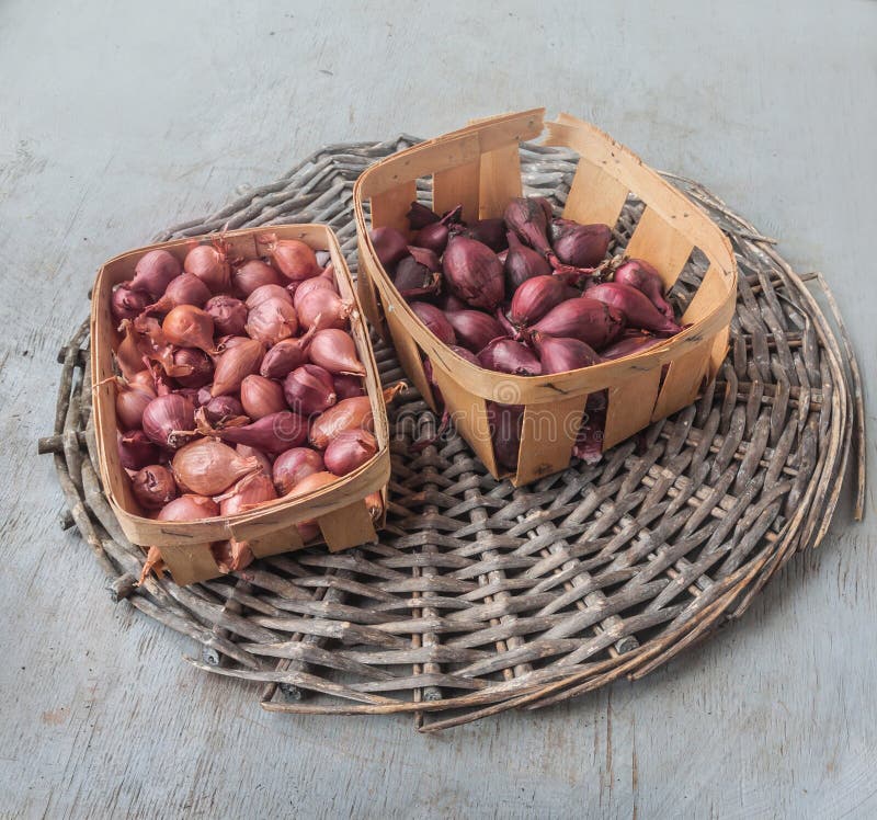 Two Baskets with Red Onion Sets of Different Varieties Stock Photo ...