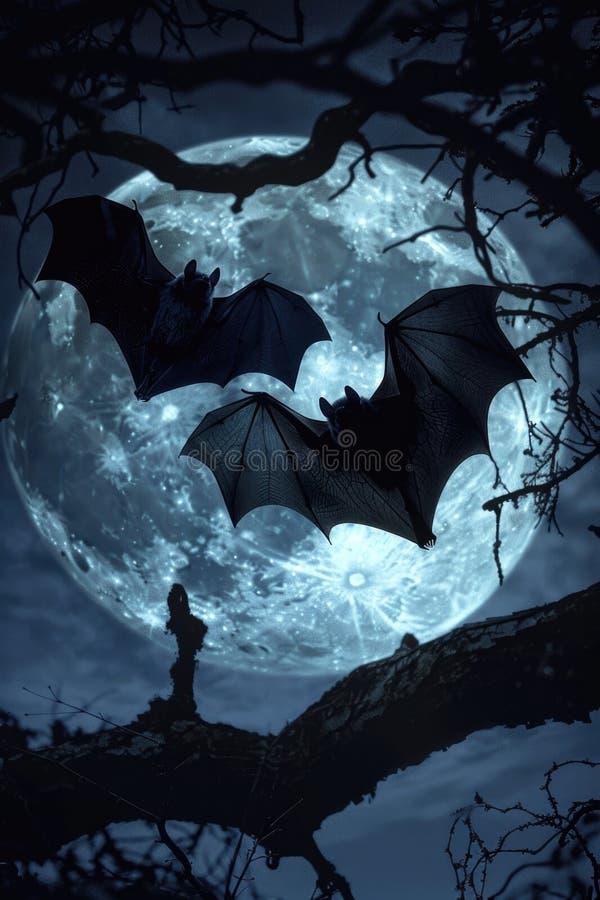 Two Bats Fly in Front of a Full Moon, a Dark Sky with Stars Stock Photo ...