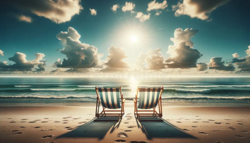 Two Beach Chairs Facing the Ocean with the Sun Casting a Glow Over the ...