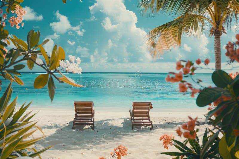 Two Beach Chairs are on the Beach, One on the Left and One on the Right ...