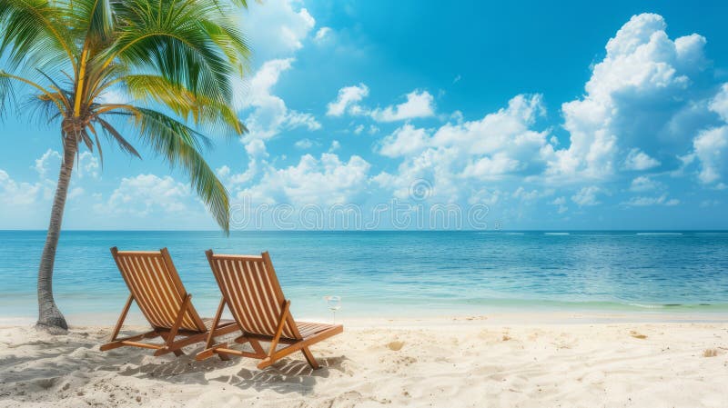 Two Beach Chairs are Set Up on the Beach, Facing the Ocean Stock ...