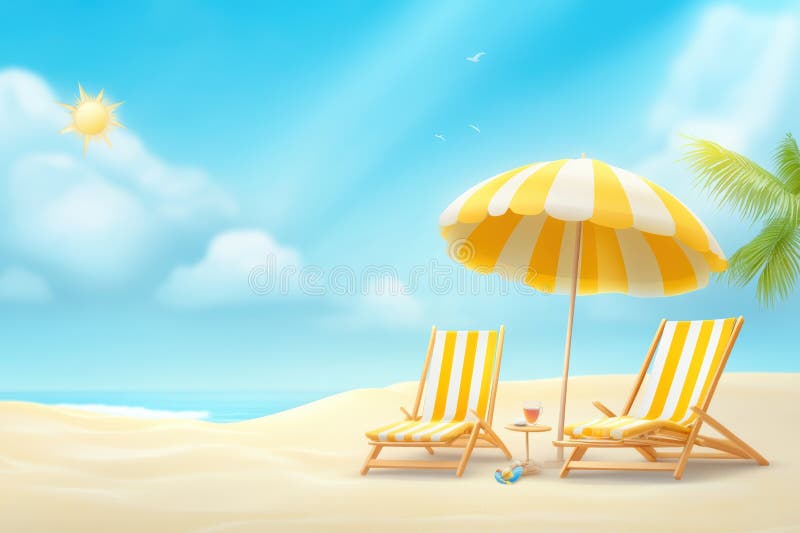 Two Beach Chairs and an Umbrella Set on a Sandy Shore Under Clear Blue ...