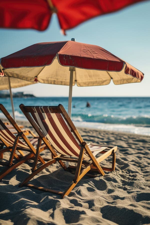 Two Beach Chairs and an Umbrella Set Up on a Sandy Beach. Perfect for ...
