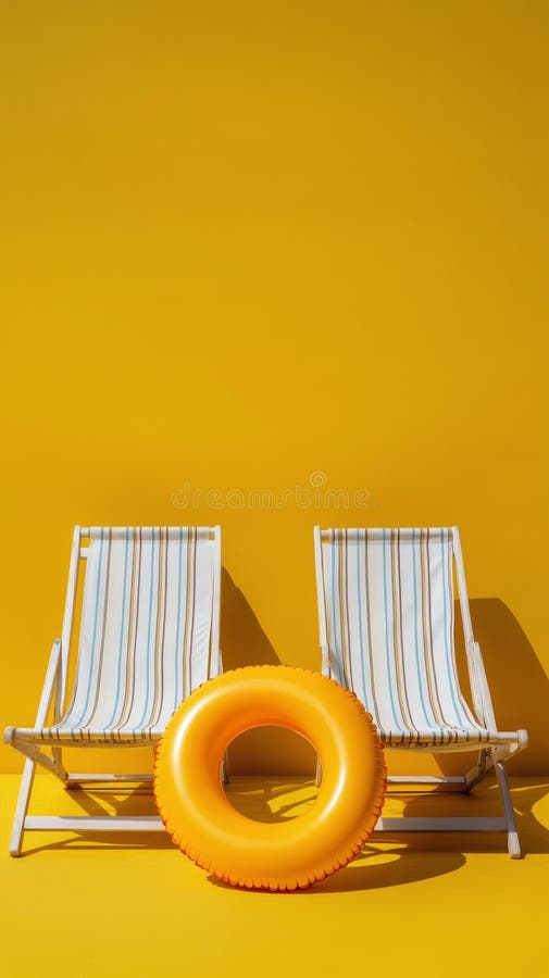 Two Striped Beach Chairs and a Yellow Inflatable Ring Against a Bright ...